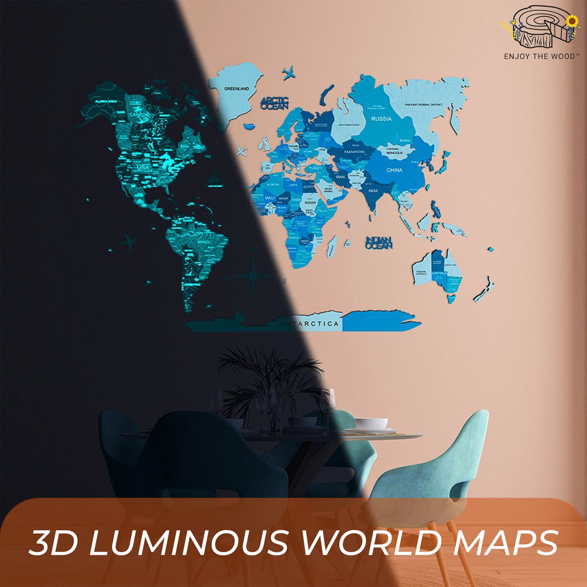 3D Luminous Wooden World Maps – Premium Wall Decor UAE – Enjoy The Wood GCC